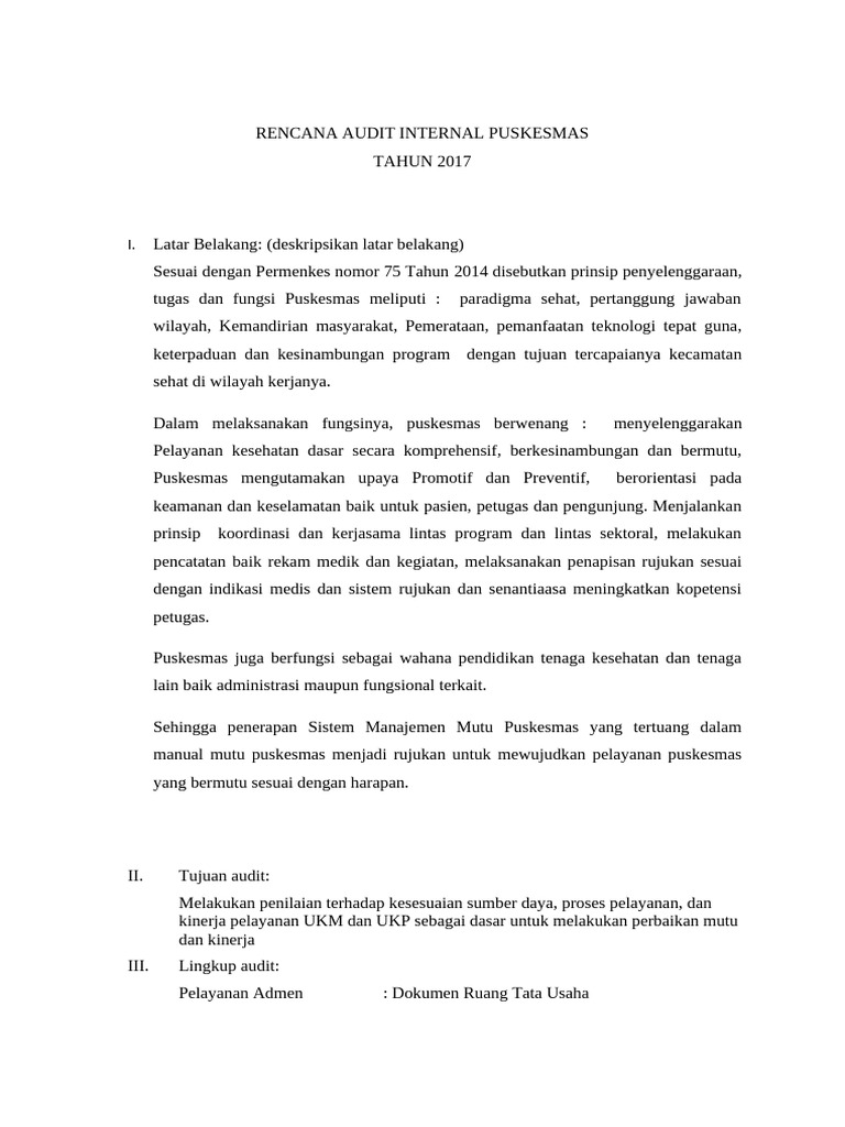 Contoh RENCANA AUDIT INTERNAL PUSKESMAS | PDF