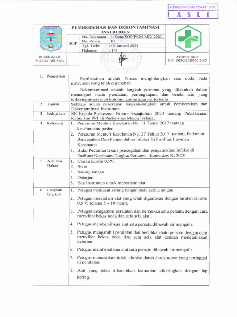 SOP Pembersihan Dan Dekontaminasi Instrumen | PDF