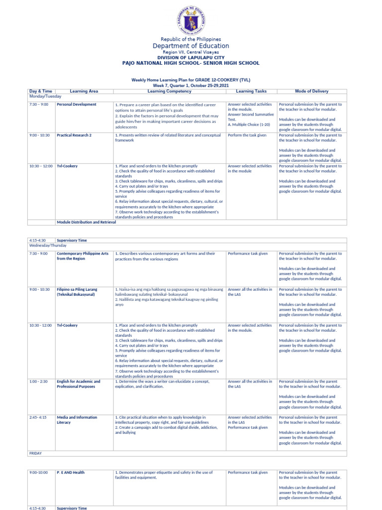 WHLP Quarter 1 Week 7 - Grade 12 Cookery | PDF | Teachers | Cognition