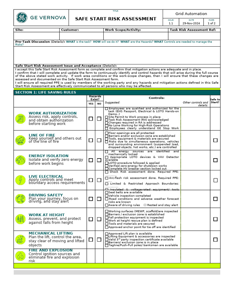GS-GA-EHS-5.T - Safe Start Risk Assessment (Template) - v1.2 | PDF ...