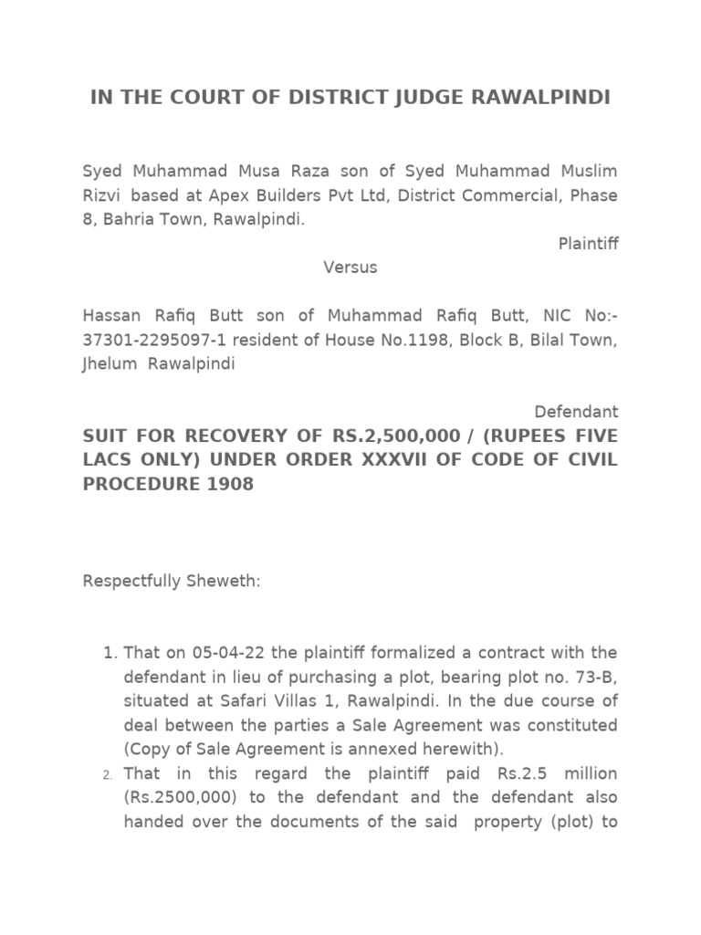 Musa Raza Recovery Suit Order 37 | PDF | Justice | Crime & Violence