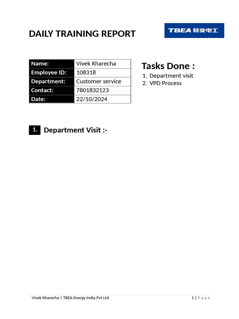 Daily Training Report for Vivek Kharecha | PDF