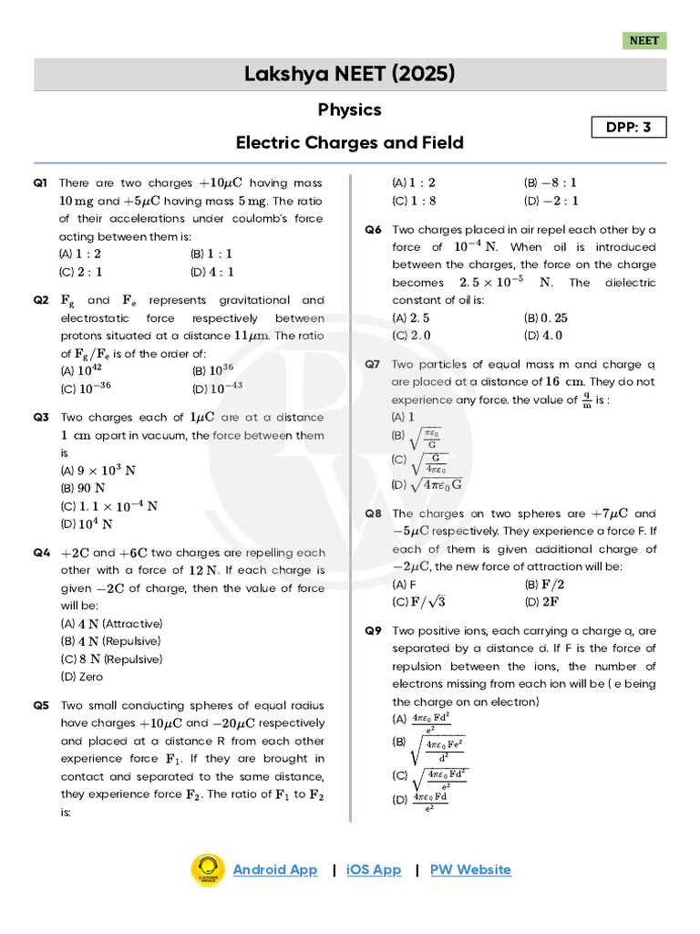 Electric Charges and Fields - DPP 03 (Of Lecture 05) - Lakshya NEET 2025 | PDF | Force | Mass