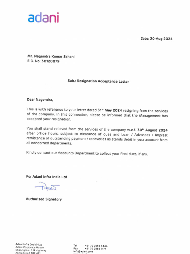 Relieving Letter - Adani | PDF