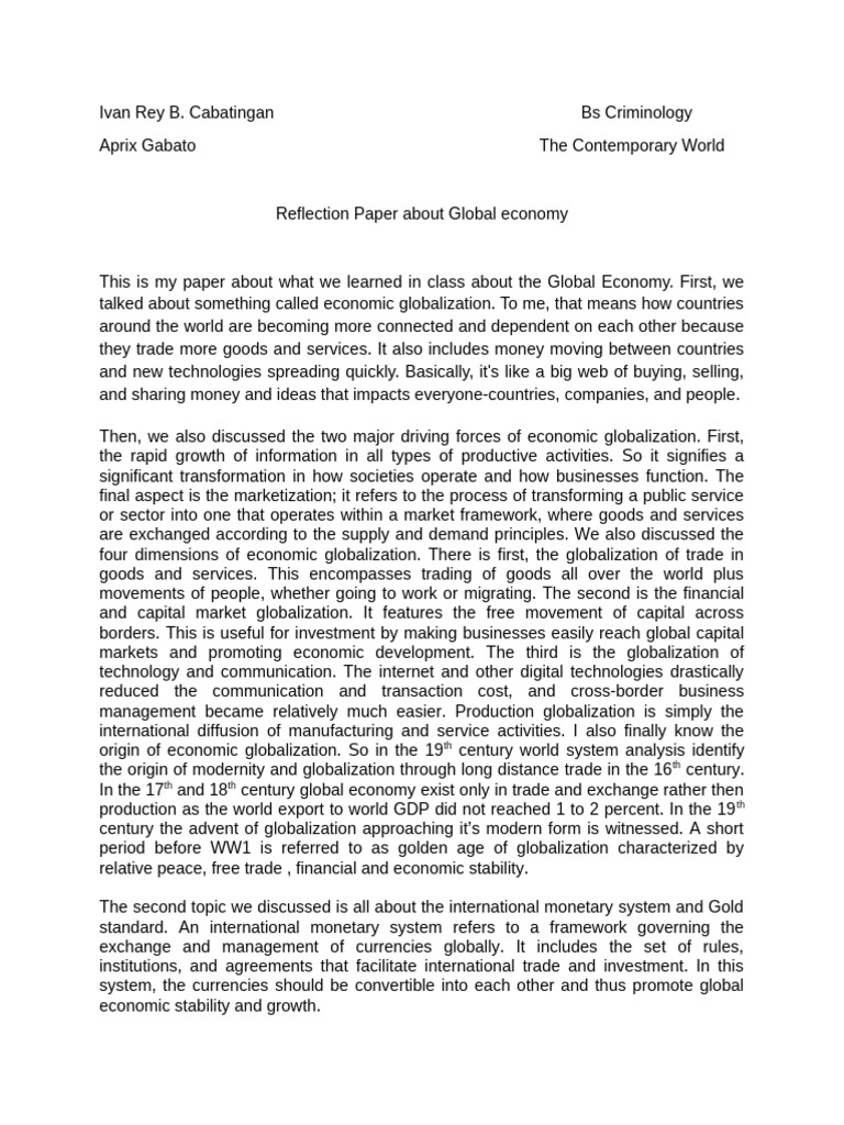 reflection paper ivan | PDF | Globalization | Trade