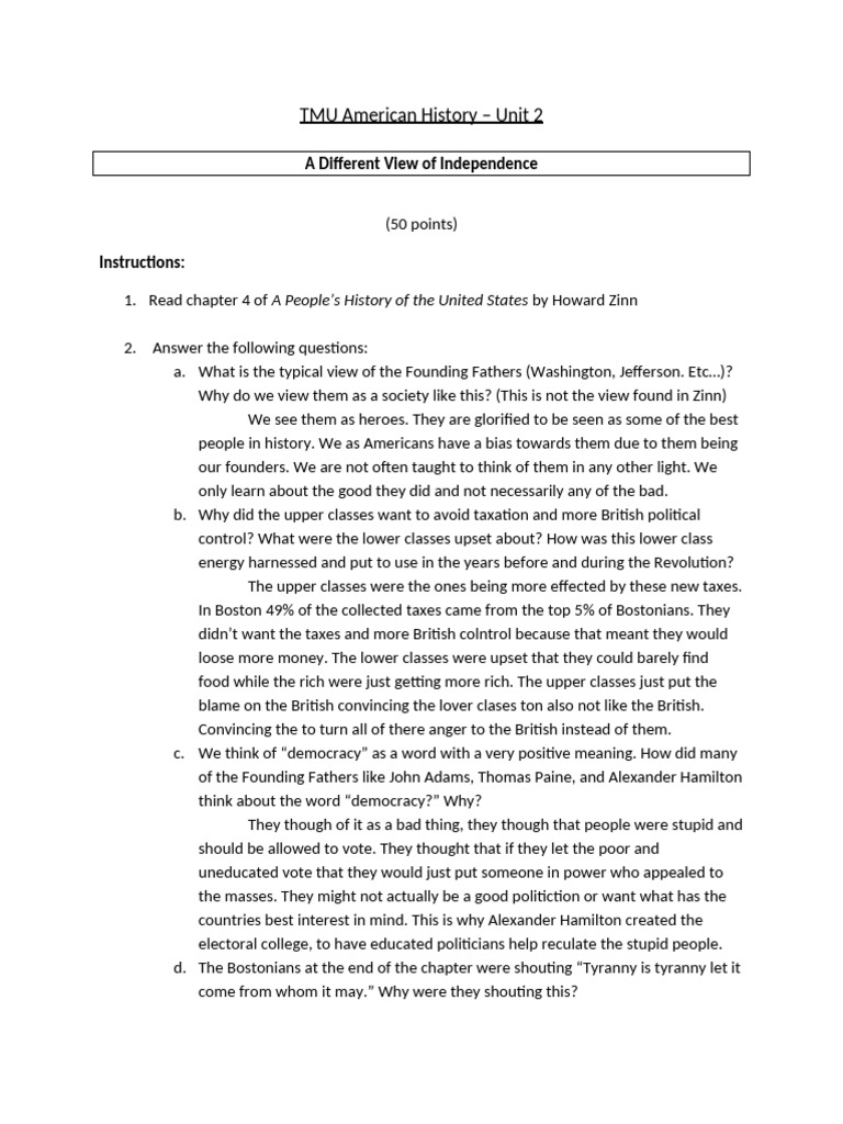 A Different View of Independence - Zinn CH 4 | PDF | Founding Fathers ...