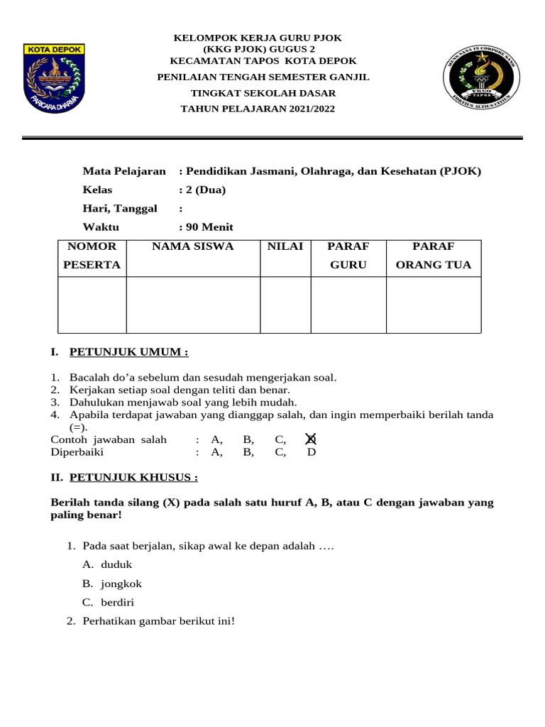 Soal PJOK Kelas 2 PTS Ganjil | PDF
