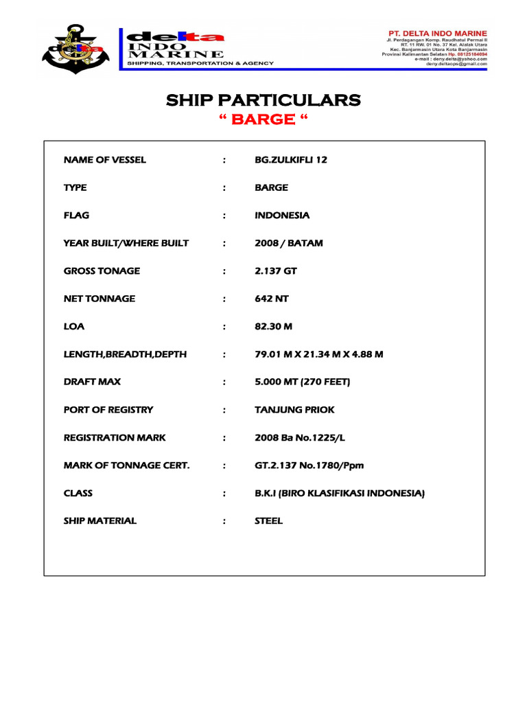 Ship Particulars BG - Zulkifli 12 | PDF