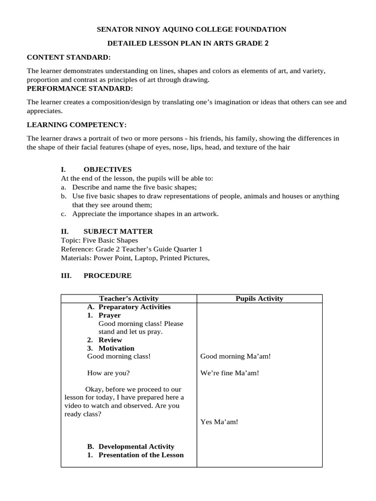 Detailed Lesson Plan in Arts Grade 1 | PDF | Shape | Rectangle
