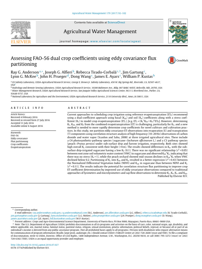 Assessing FAO 56 Dual Crop Coefficients Using Eddy C 2017 Agricultural Water | PDF ...