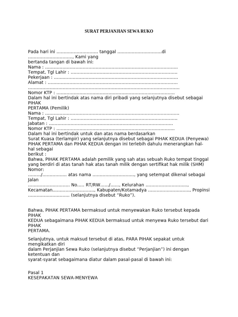 SURAT PERJANJIAN SEWA RUKO | PDF