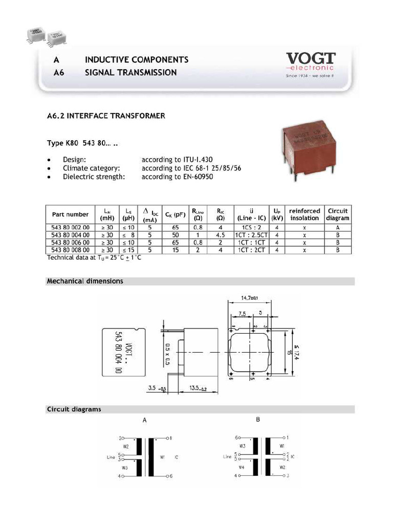Vogt Isdn Transformer 5438000200 Data Sheet | PDF