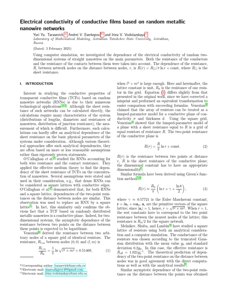 Electrical conductivity of conductive films based on random metallic nanowire networks | PDF ...
