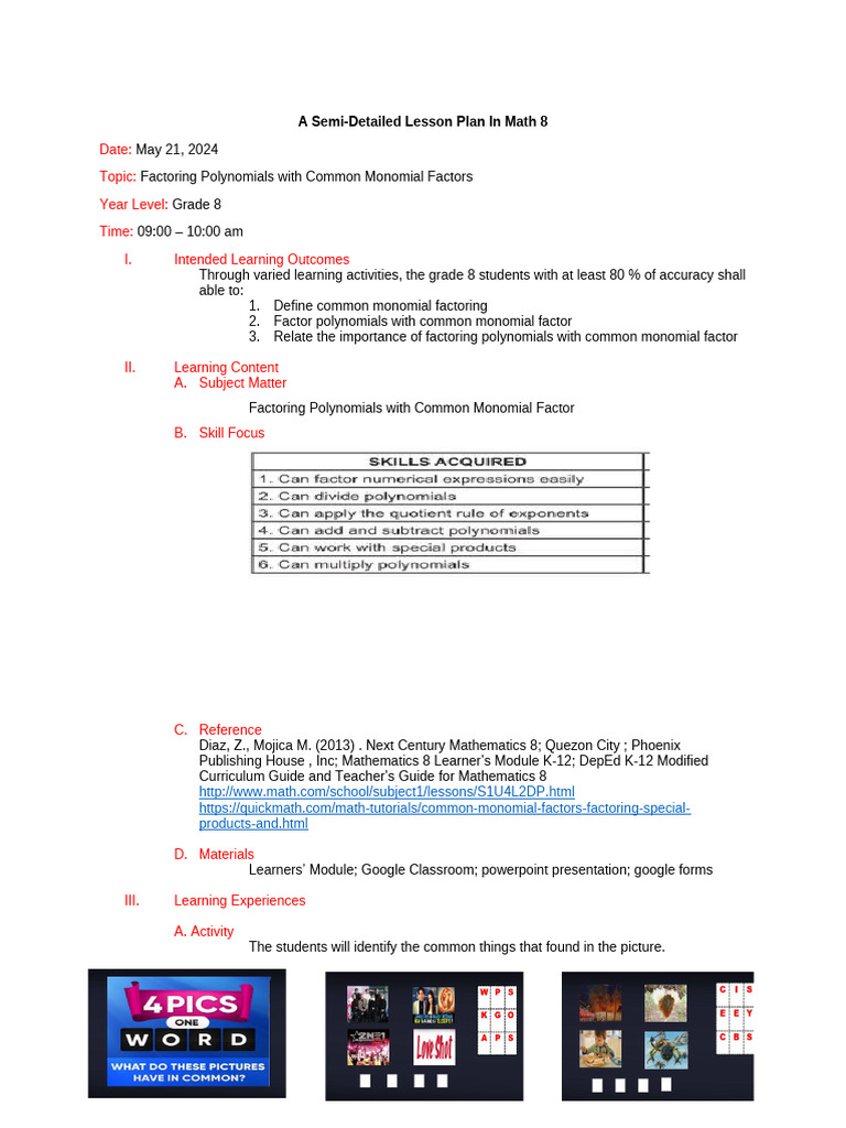 LESSON_PLAN-on-Factoring-Polynomial-With-Common-Monomial-Factor (REYES&CAMPOREDONDO) | PDF ...