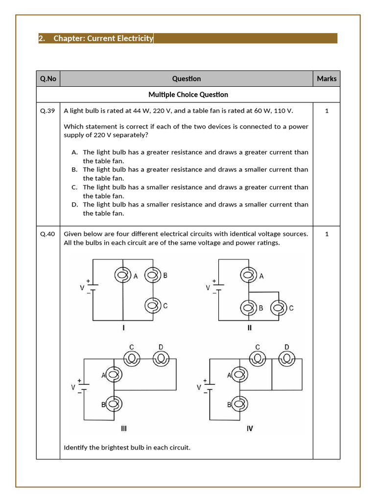 CH 3 MCQ QP | PDF | Electric Current | Series And Parallel Circuits