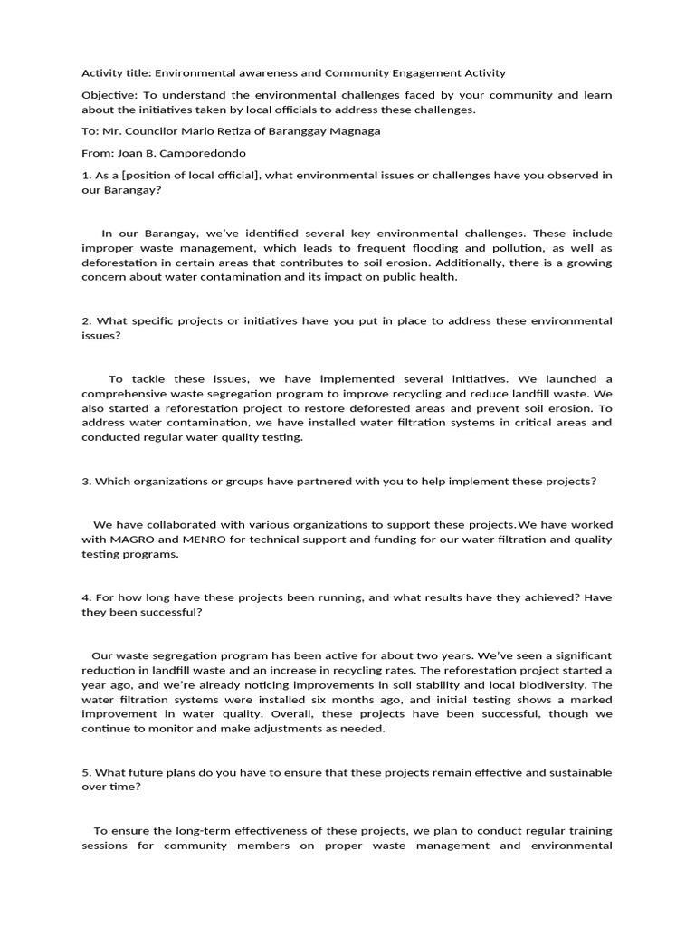 Environmental Awareness and Community Engagement Activity | PDF | Waste ...