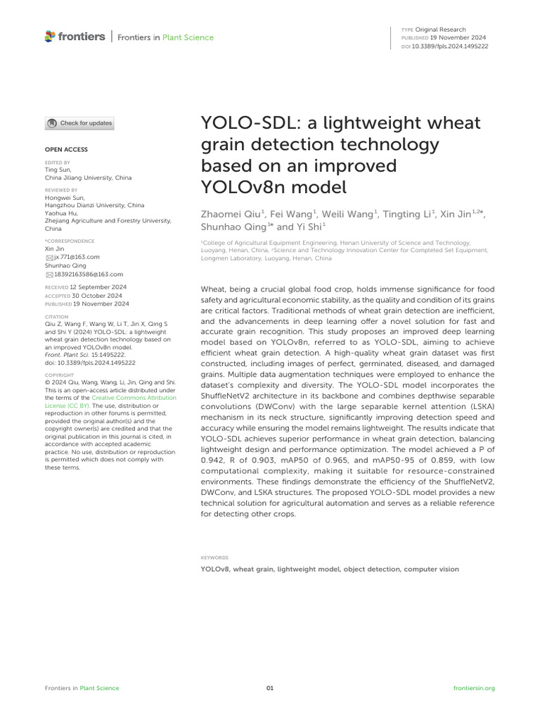 YOLO-SDL A Lightweight Wheat Grain Detection Technology Based On An Improved YOLOv8n Model | PDF ...