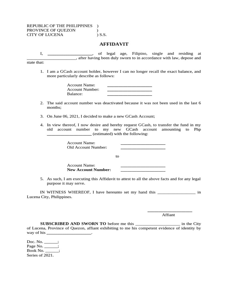 GCash Account Transfer Affidavit Template | PDF