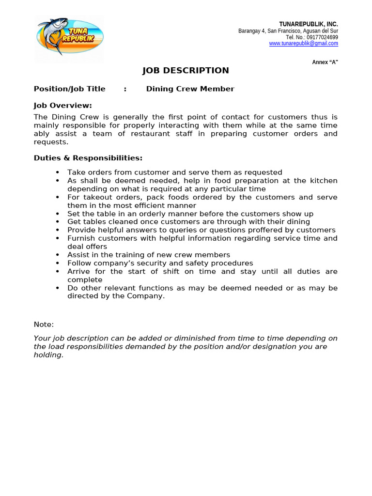 JOB DESCRIPTION - Dining Crew | PDF