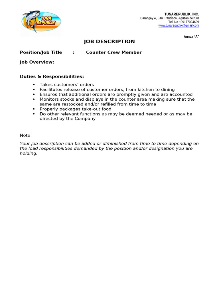 JOB DESCRIPTION - Counter Crew | PDF