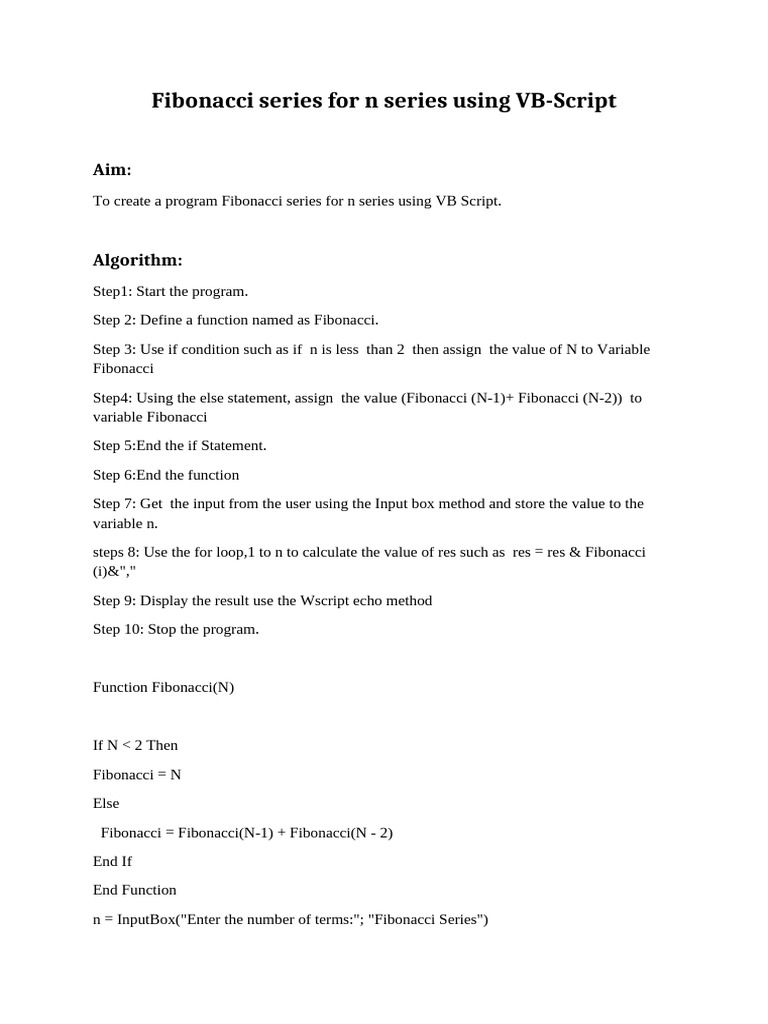 Fibonacci Series For N Series Using VB | PDF