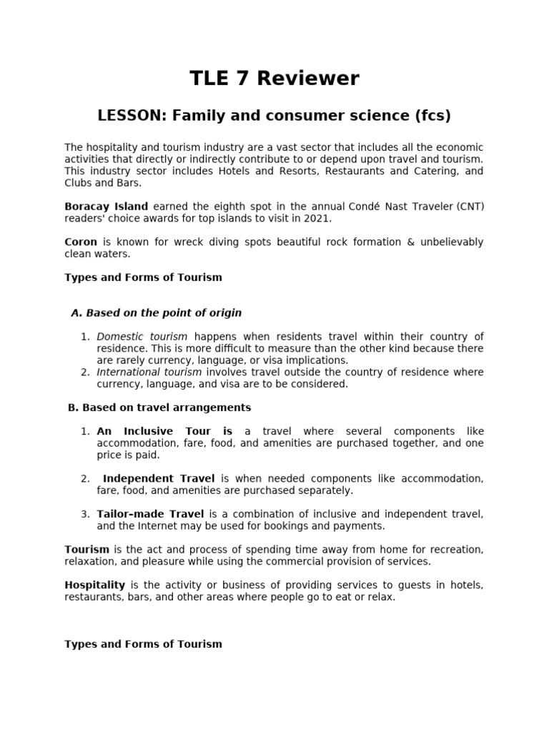 TLE 7 Reviewer 3rd Quarter 1 | PDF | Cruise Ship | Tourism