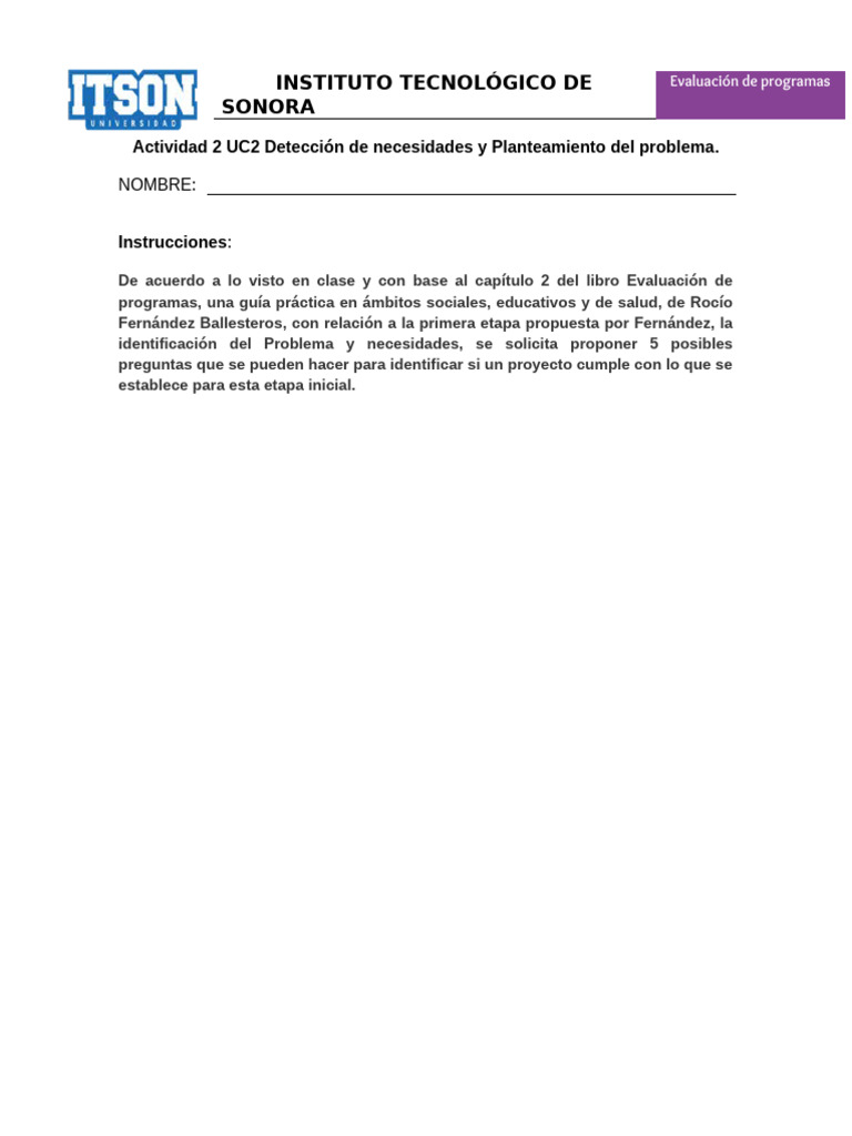 Actividad 2 UC2 DetecciÃ³n de necesidades y Planteamiento del problema | PDF
