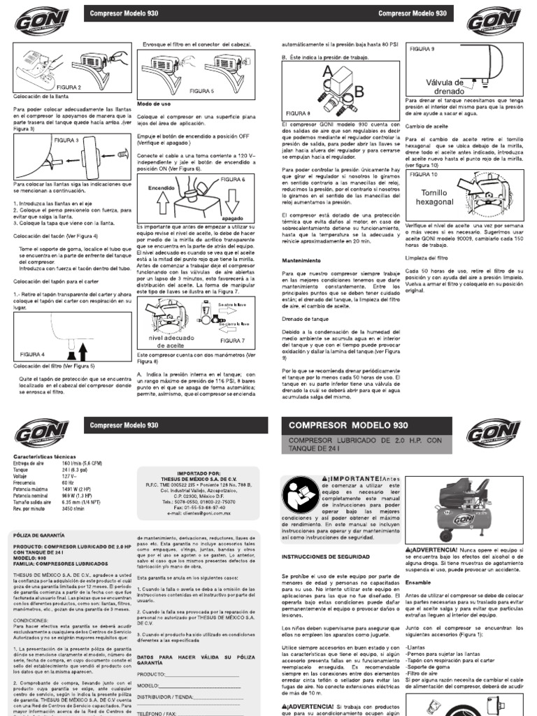 Compresor Lubricado de 2HP y Tanque de 24 LT Modelo 930 471263 | PDF