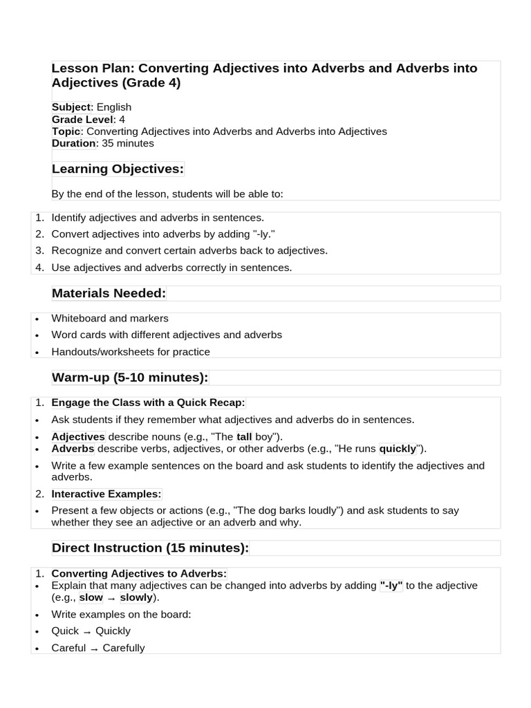 Lesson Plan 4 | PDF | Adverb | Adjective