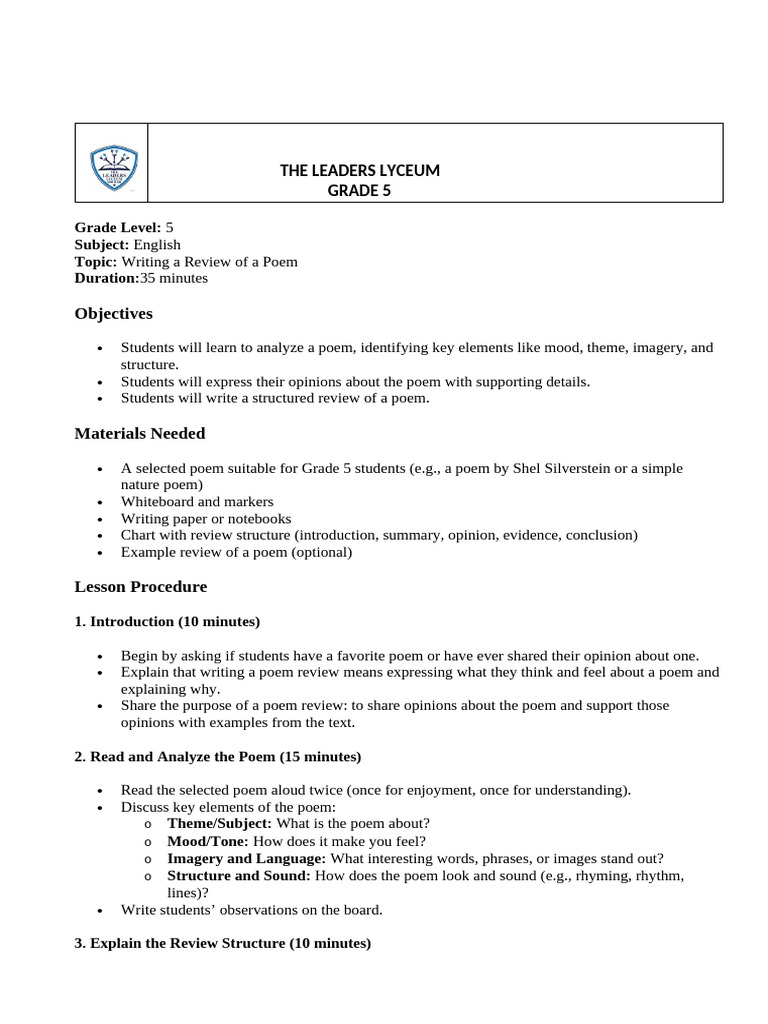 lesson plan G5 | PDF | Poetry | Linguistics