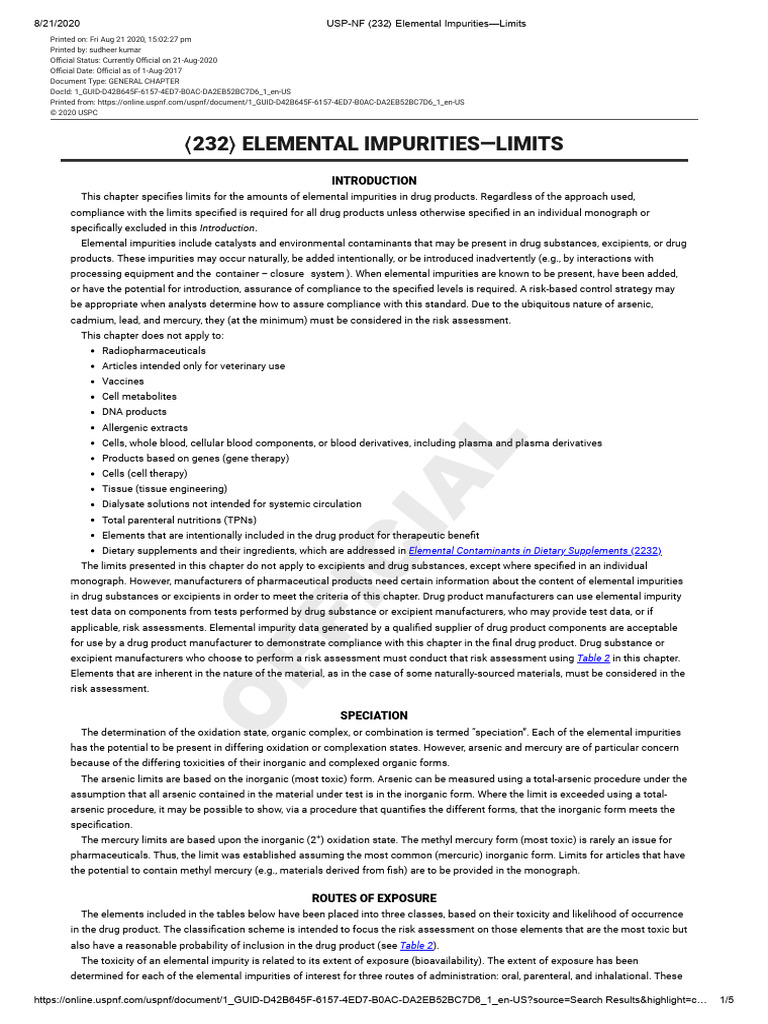 Elemental Impurities Limits in Drugs | PDF | Dose (Biochemistry) | Chemistry