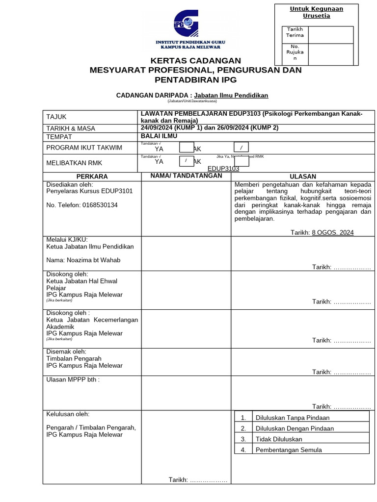 Format Kertas Cadangan Lawatan Pembelajaran EDUP3103 | PDF