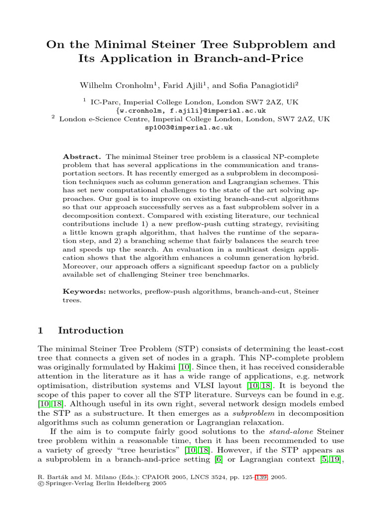 On The Minimal Steiner Tree Subproblem and Its Application in BranchandPrice | PDF ...