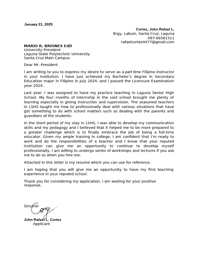 Application Letter - Lspu - Cortez | PDF