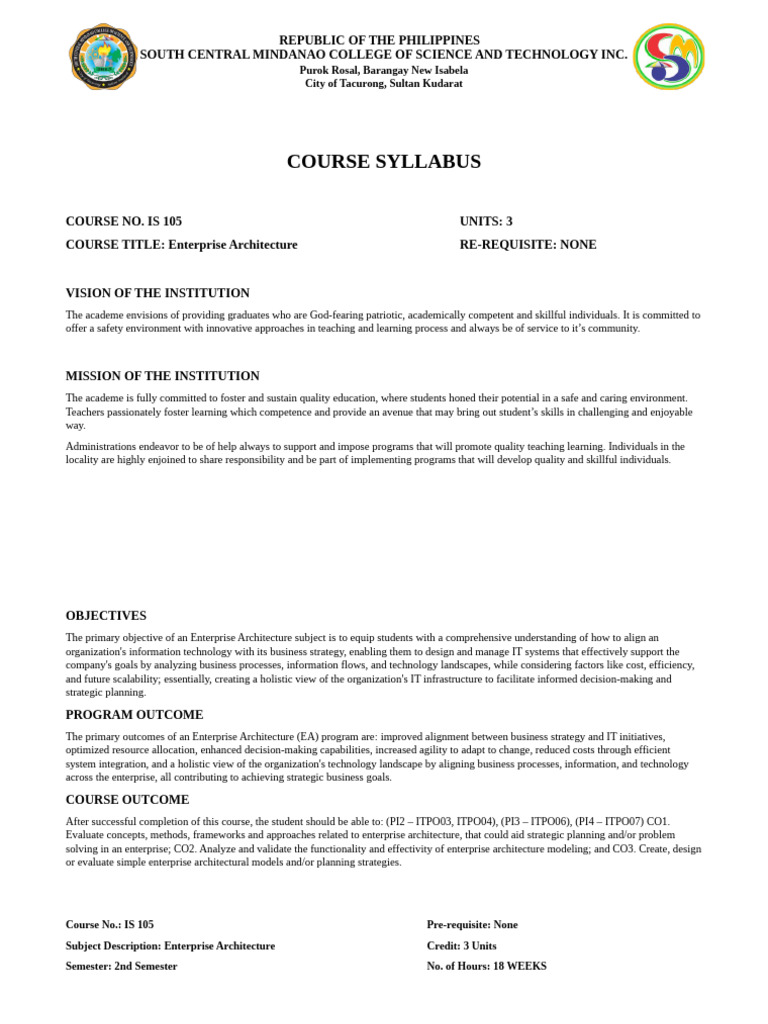 COURSE SYLLABUS Enterprise Architecture | PDF | Enterprise Architecture ...