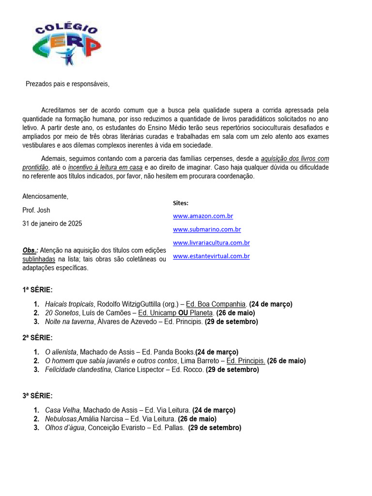 Prezados Pais e Responsáveis | PDF