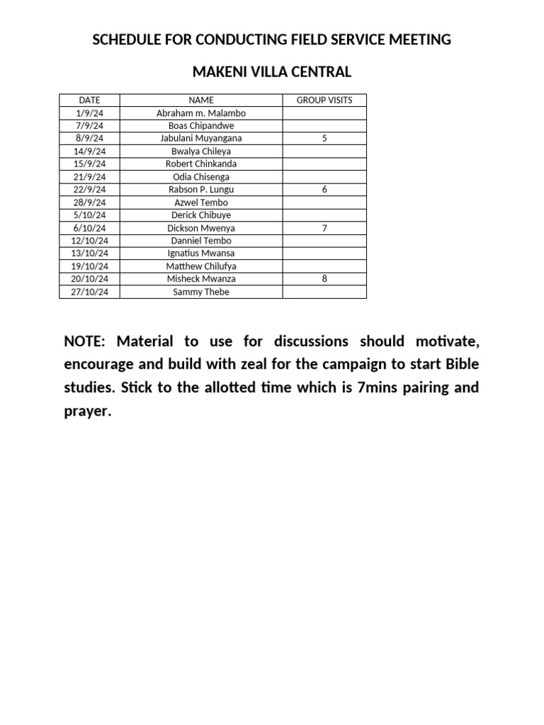 Schedule for Field Service Meeting on Weekends | PDF
