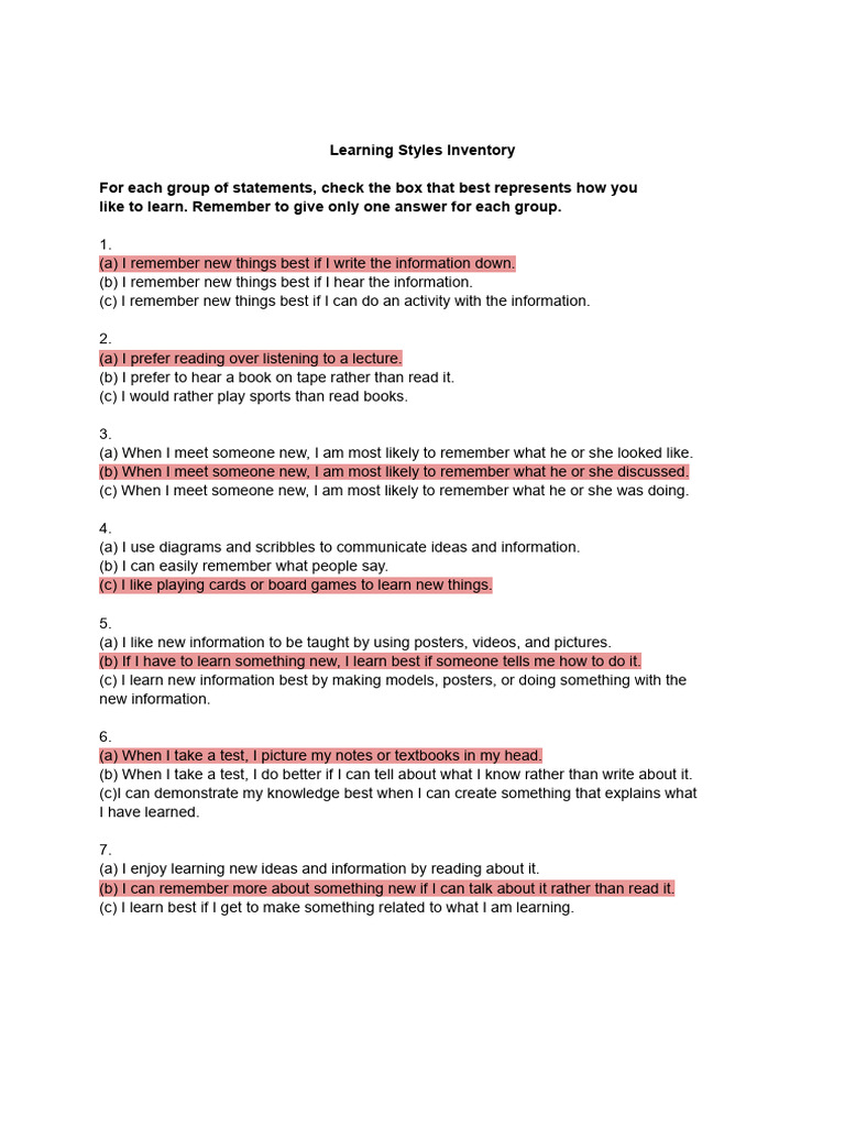 John K - Learning Styles Inventory | PDF | Learning Styles | Vocabulary