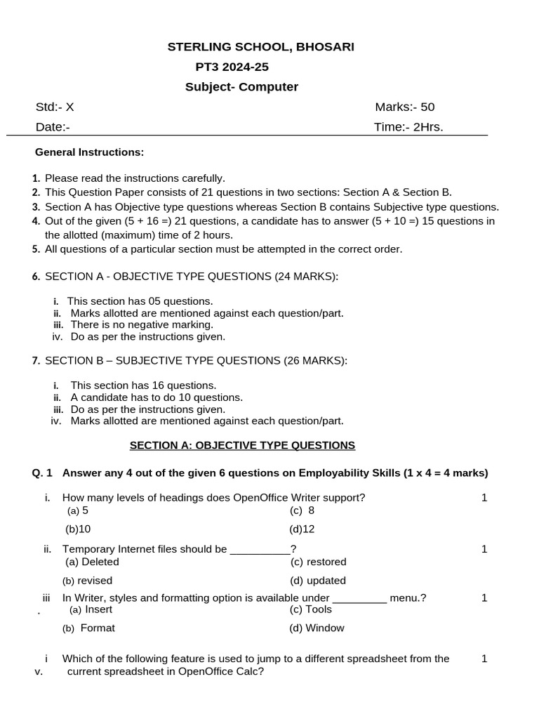 Class 10 PT3 QP setB | PDF | Databases | Spreadsheet