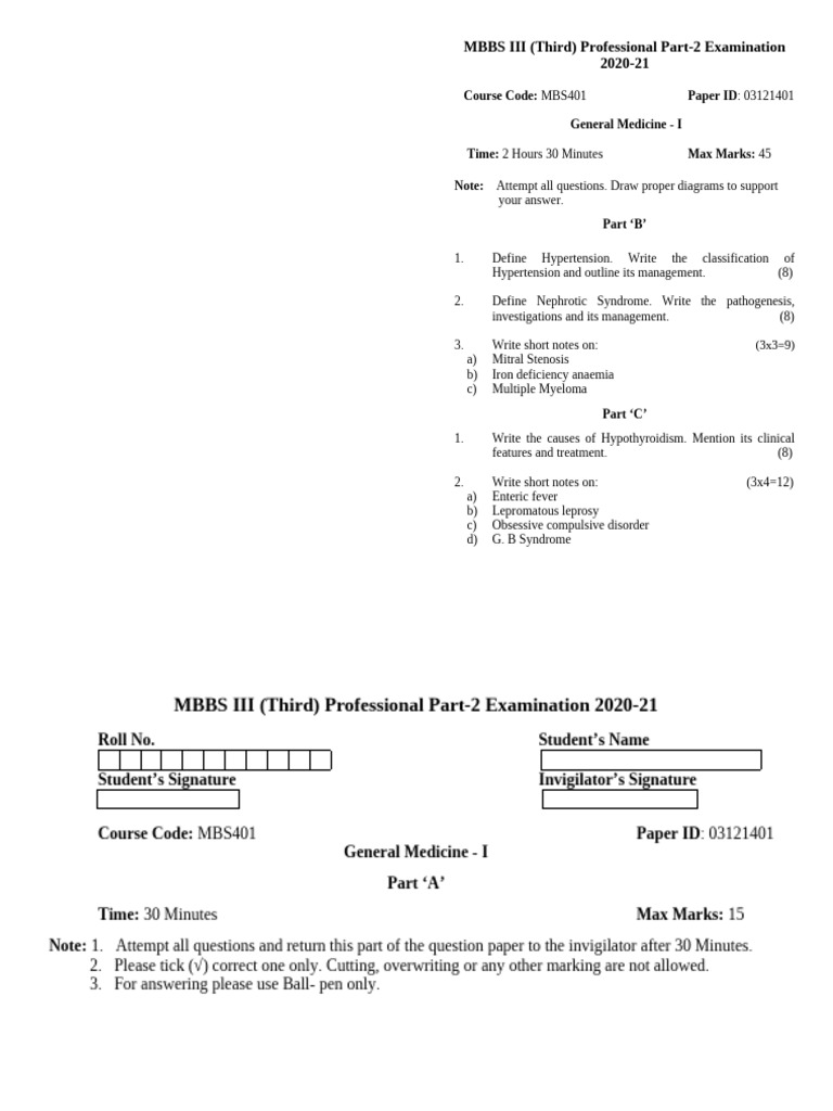 MBBS General Medicine Exam Questions | PDF | Anemia | Hypertension