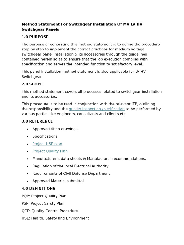 Method Statement For Switchgear Installation of MV LV HV Switchgear ...