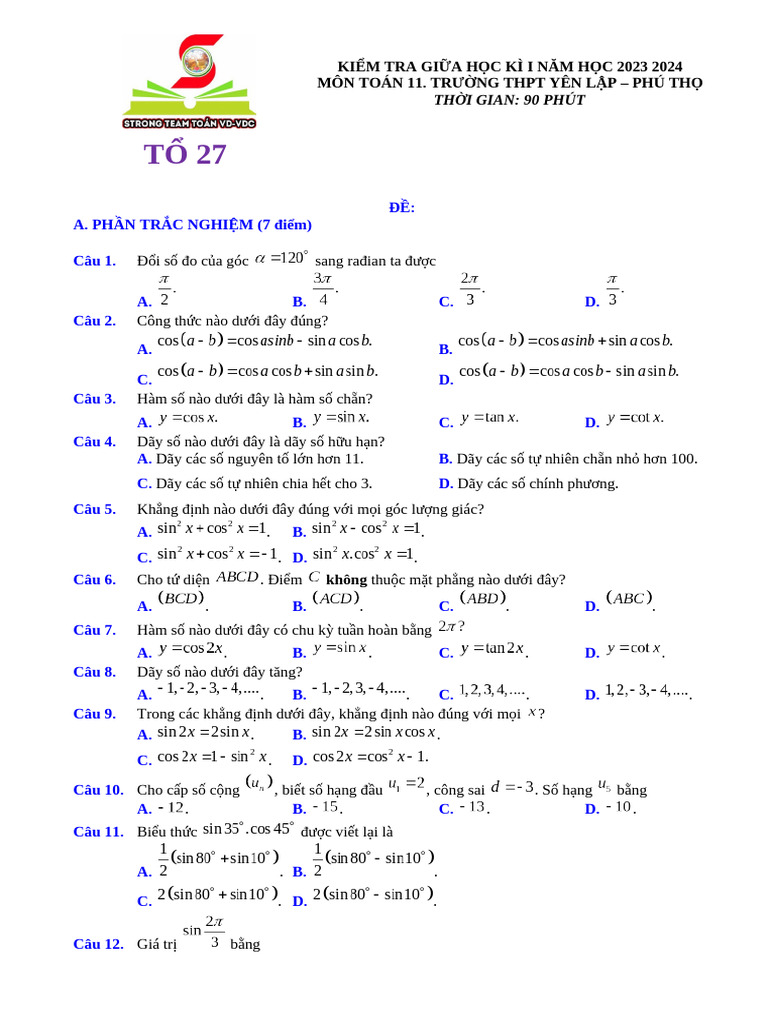 TỔ 27 ĐỢT 4 GK1 TOAN 11 THPT YÊN LẬP PHU THO | PDF