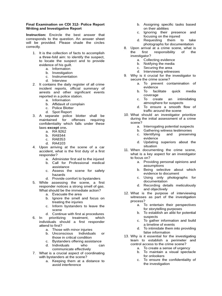 Final Examination on CDI 312 | PDF | Crime Scene | Detention (Imprisonment)