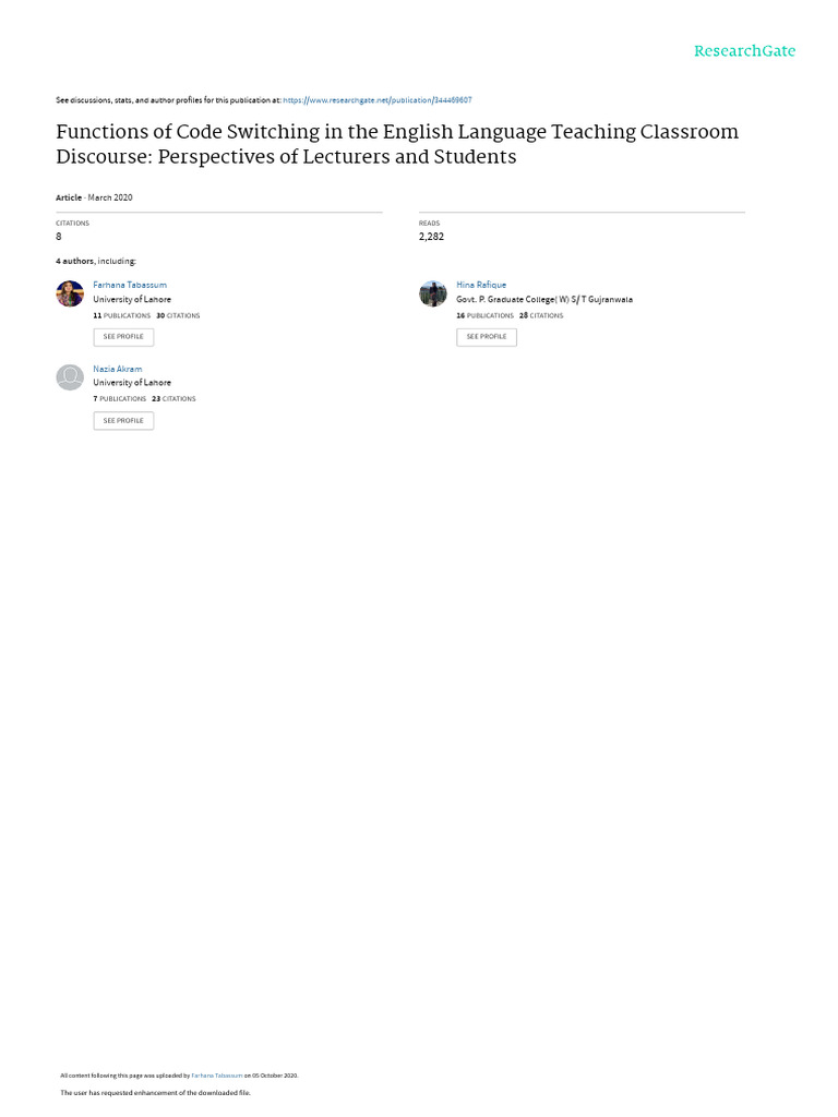 Functions of Code Switching in The English Language Teaching Classroom ...