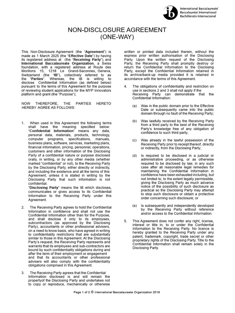 IB-NDA-template-one Form - GYAF - 2025 | PDF | License | Confidentiality
