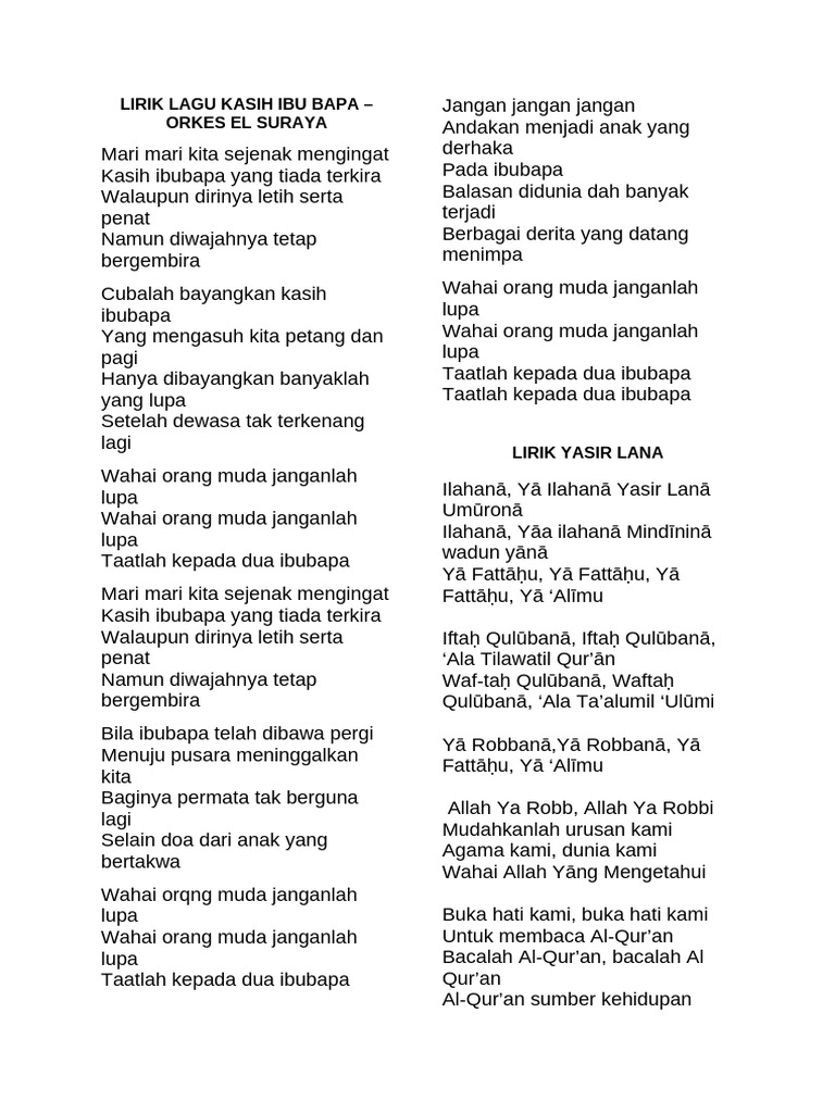 Lirik Lagu Kasih Ibu Bapa | PDF