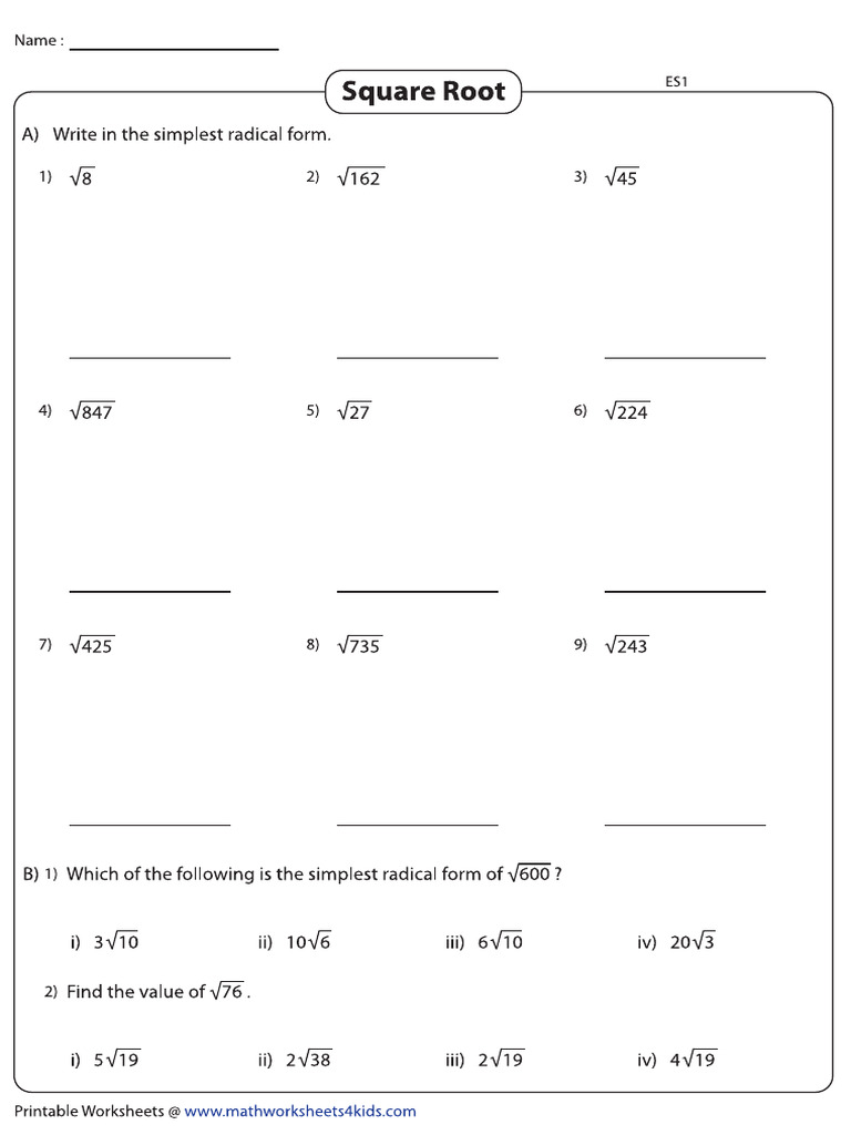 Square Root 1 (Work Sheet) | PDF