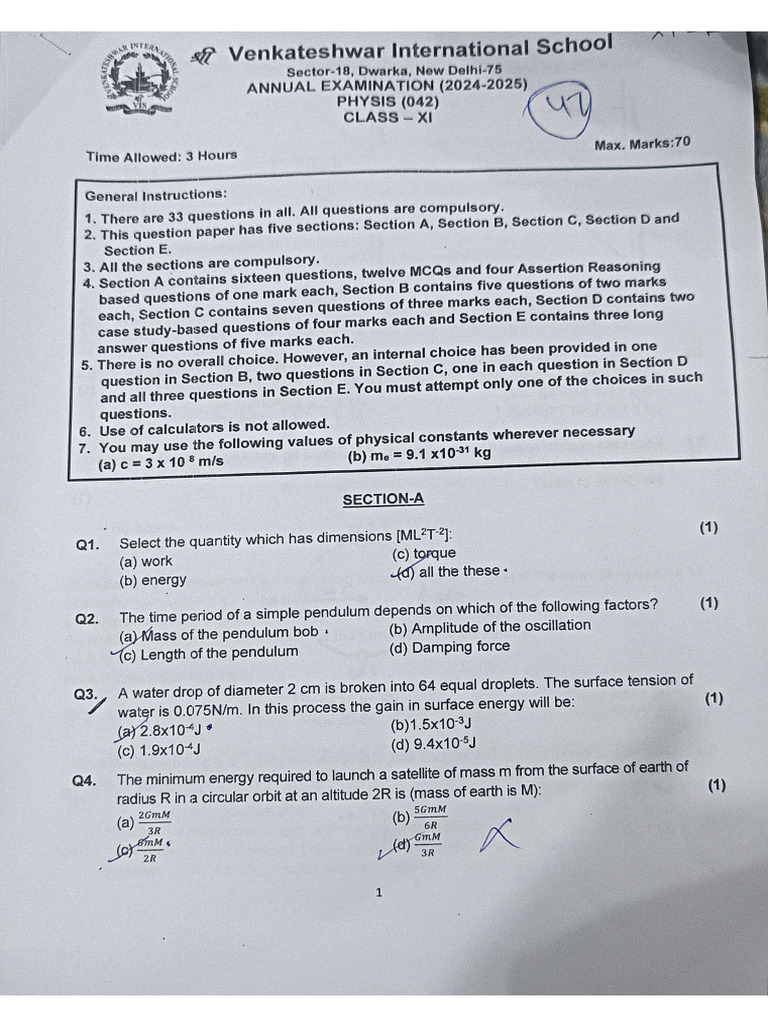 Svis Phy Final exam paper | PDF