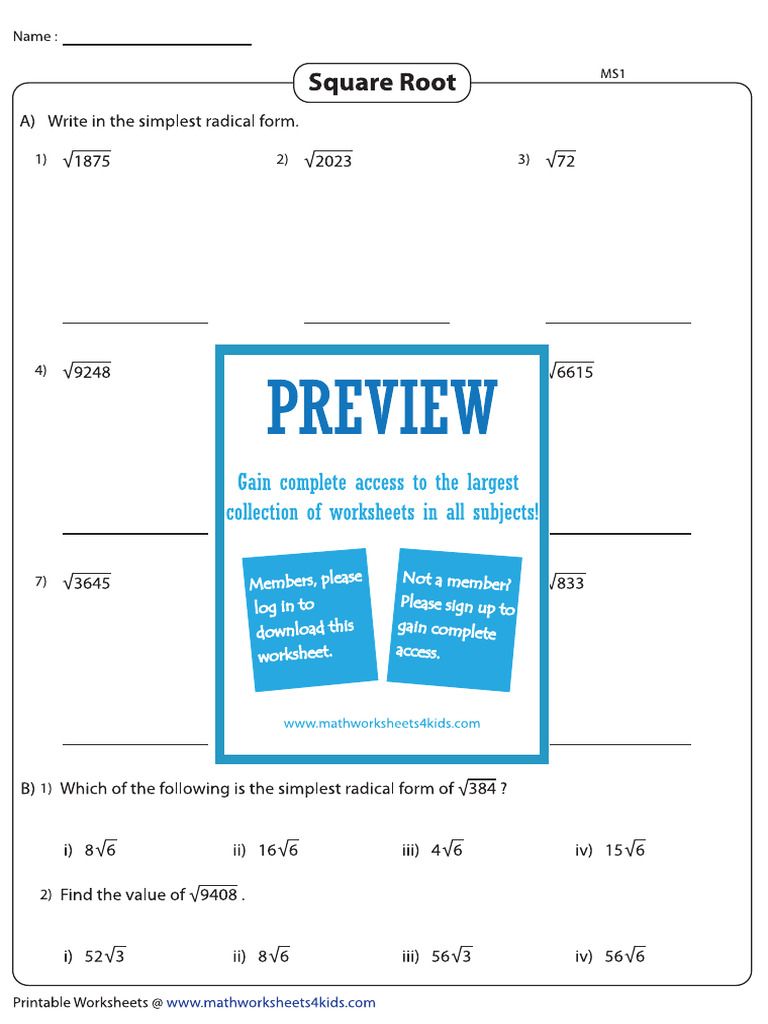Square Root 4 (Work Sheet) | PDF