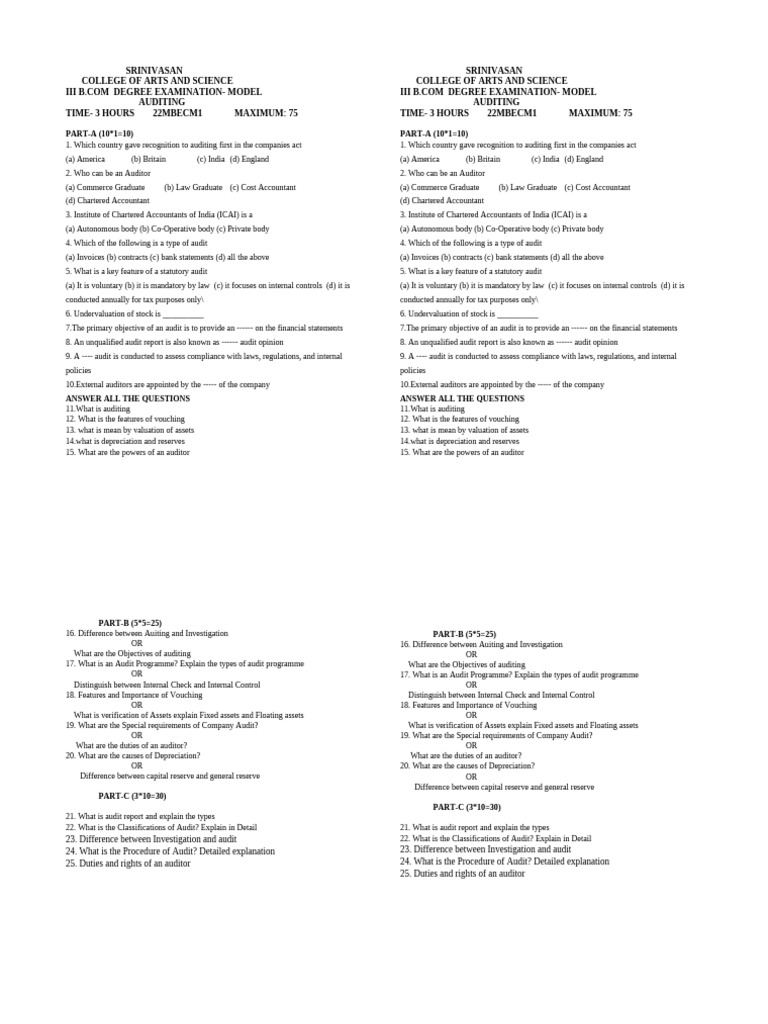 Auditing Question Paper (15.10.2024) | PDF | Audit | Auditor's Report